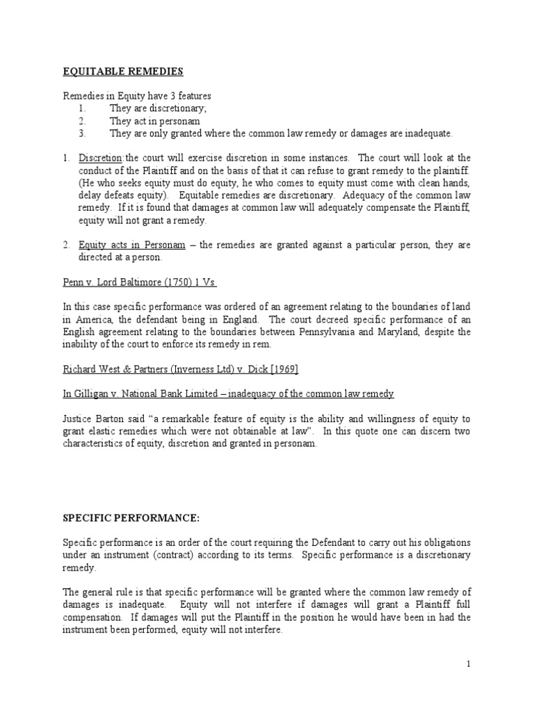 Equitable Remedies - Notes | PDF | Injunction | Legal Remedy