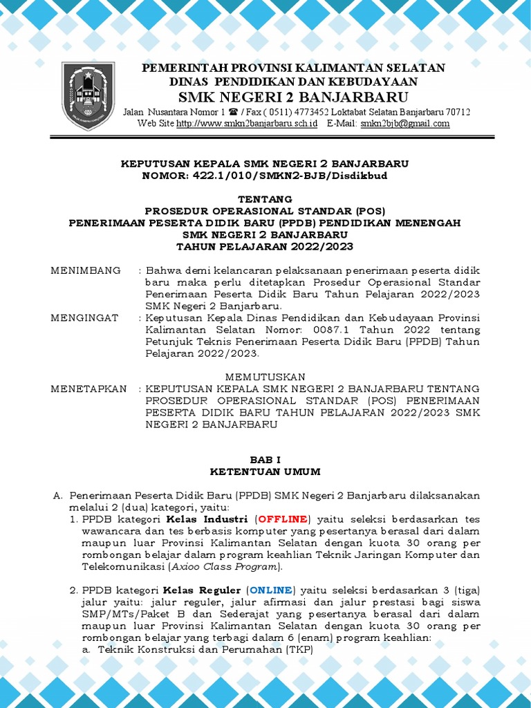 Prosedur Operasional Standar (Pos) PPDB 2022 | PDF