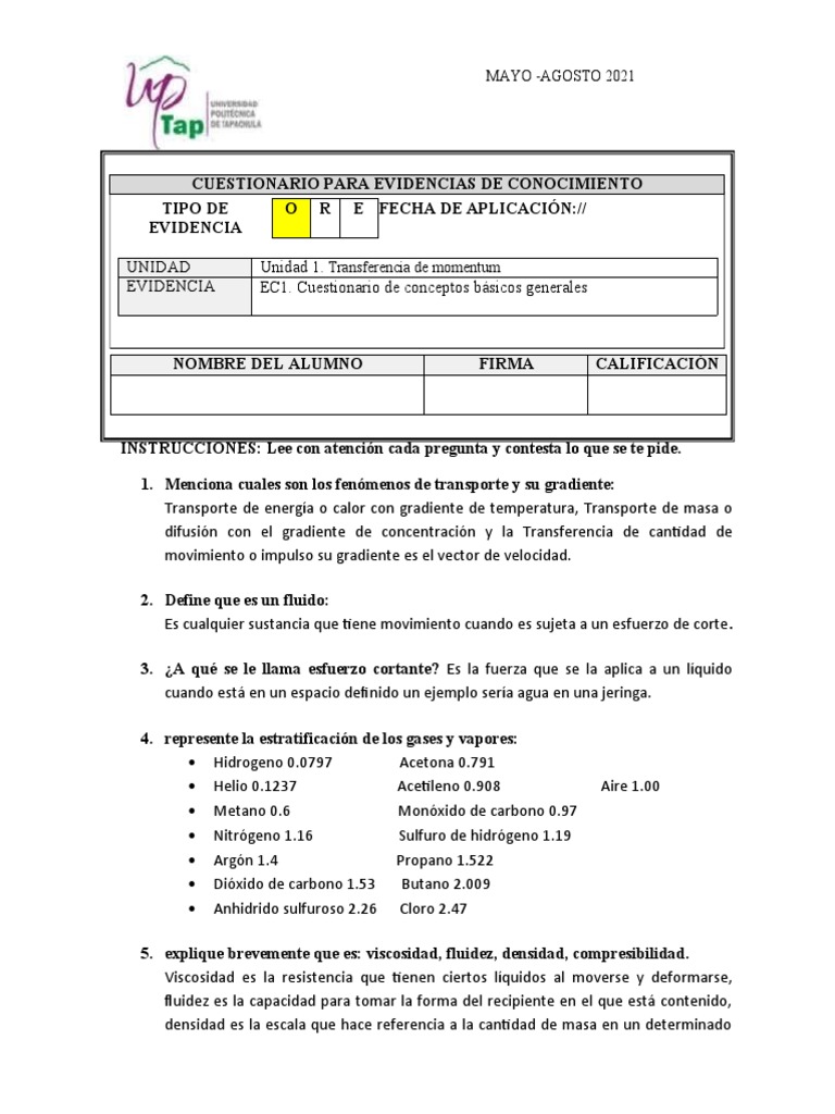 U1-EC1-Cuestionario de Conceptos Básicos Generales-Examen | PDF | Líquidos | Viscosidad