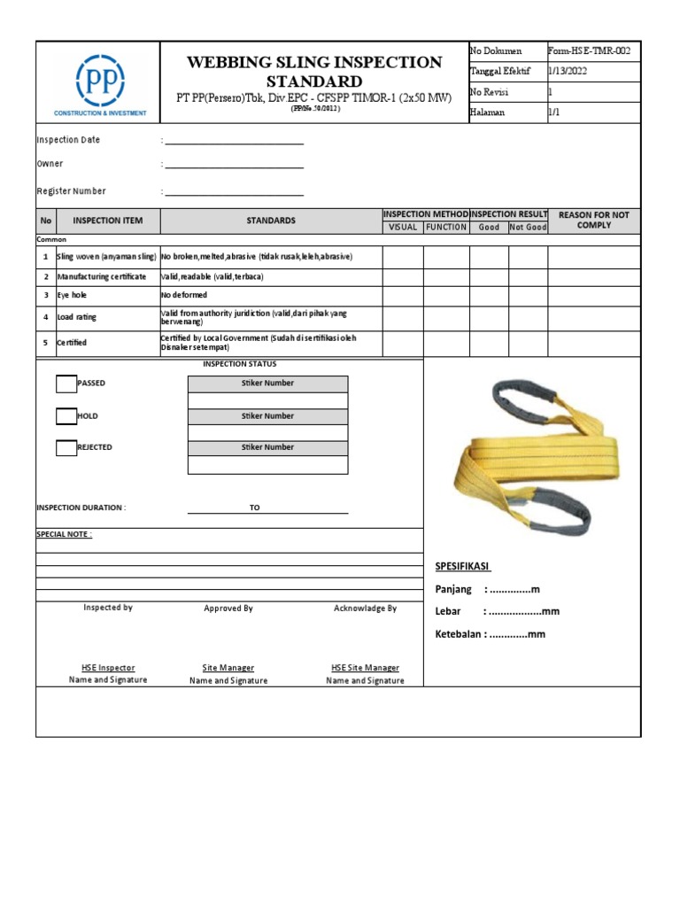 Form-HSE-TMR-002 Webing Sling Inspection | PDF