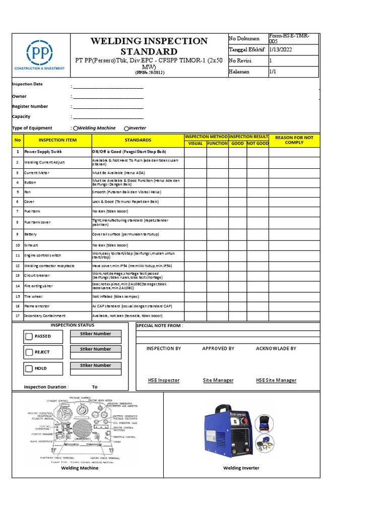 Form-HSE-TMR-005 Welding Inspection | PDF | Manufactured Goods ...