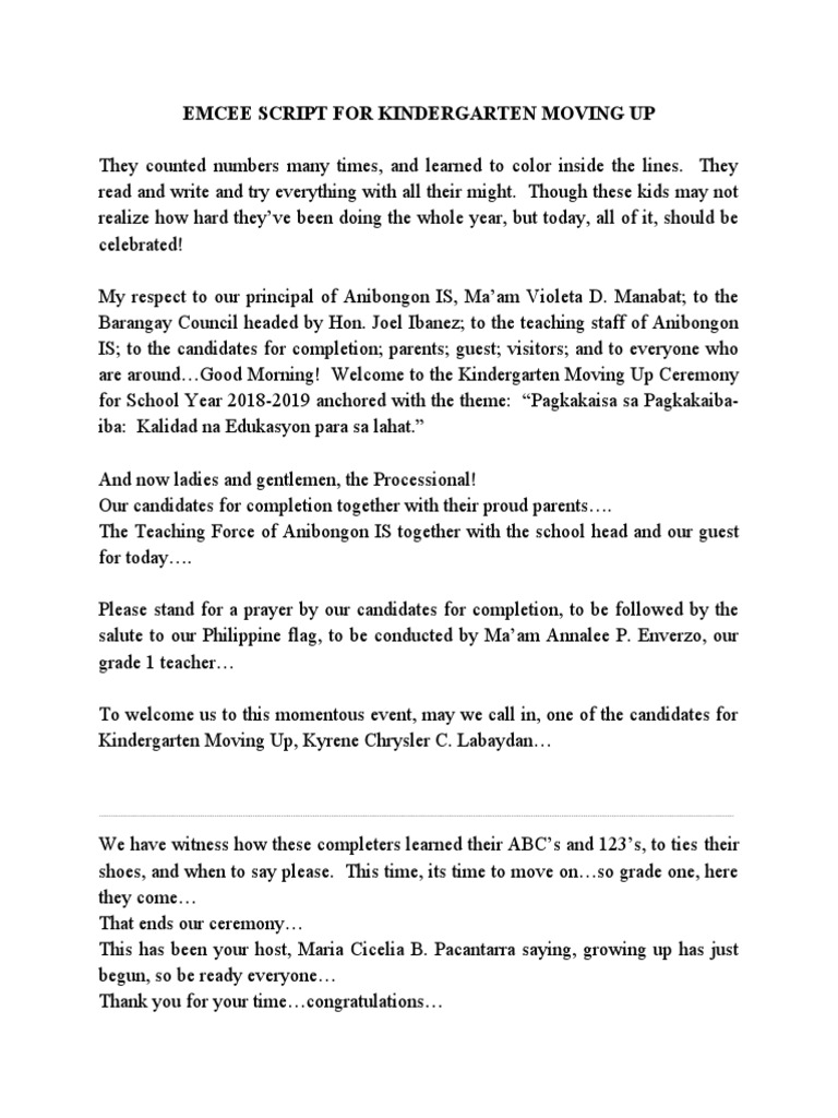 Emcee Script For Kindergarten Moving Up | PDF
