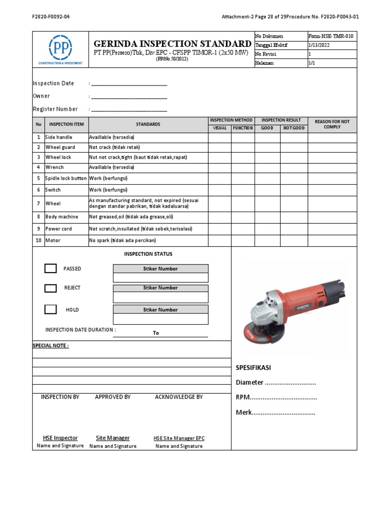 Form-HSE-TMR-010 Gerinda Inspection | PDF | Mechanical Engineering ...