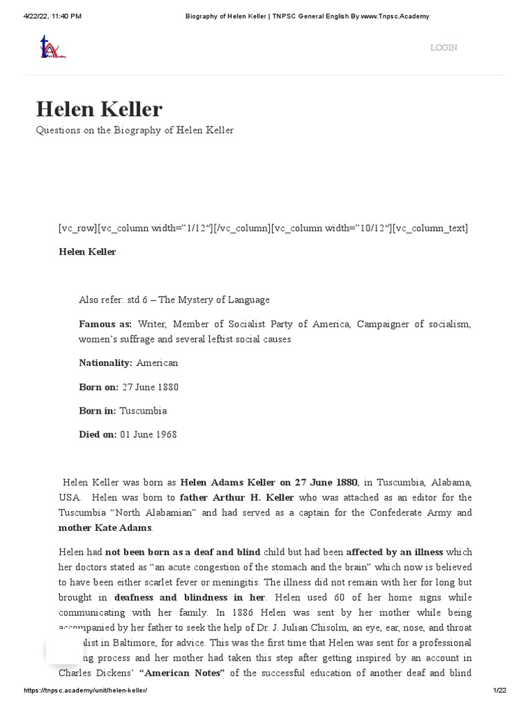 Biography of Helen Keller - TNPSC General English by WWW - Tnpsc ...
