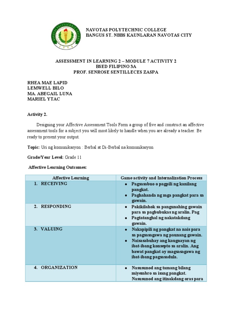 Assessment in Learning 2 - Module 7 Activity 2 | PDF