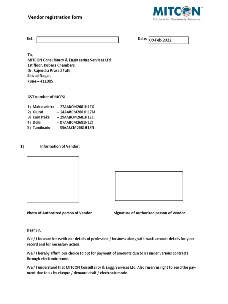 Mitcon - Vendor - Registration - Form - Final | PDF | Cheque | Banks