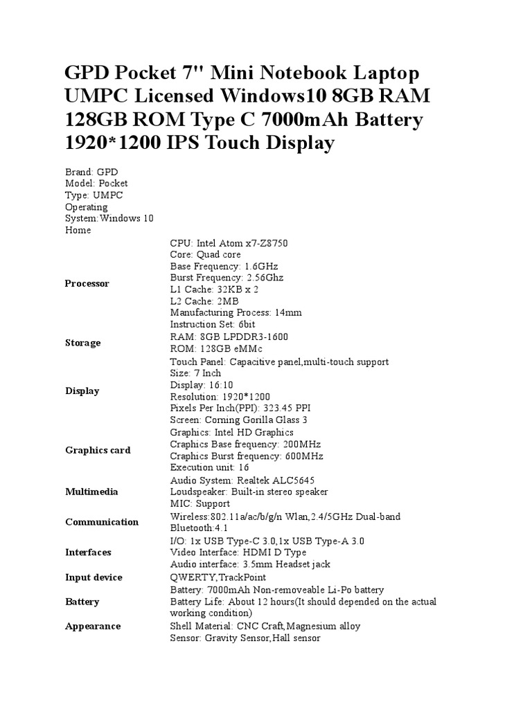 GPD Pocket 7" Mini Notebook Laptop Umpc Licensed Windows10 8Gb Ram ...