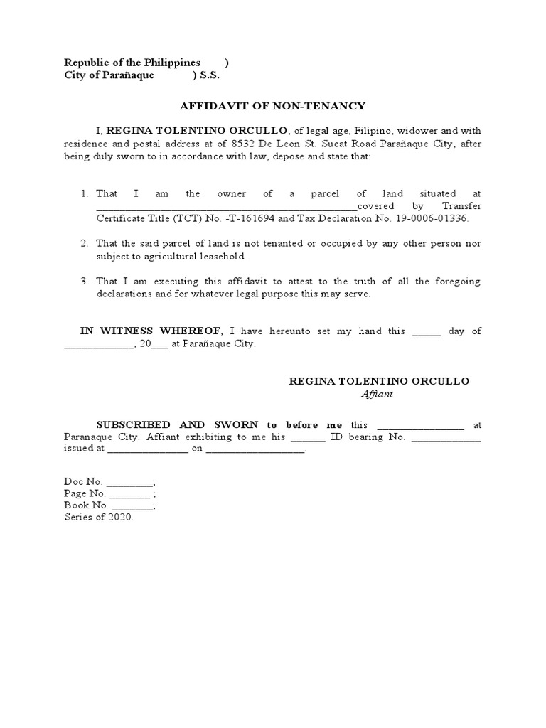 Republic of The Philippines) City of Parañaque) S.S.: Affidavit of Non ...