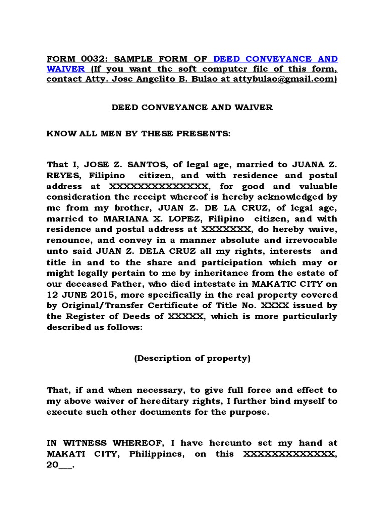 Form 0032-Deed of Conveyance and Waiver | PDF