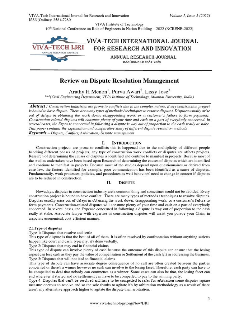 Review On Dispute Resolution Management: Arathy H Menon, Purva Awari ...