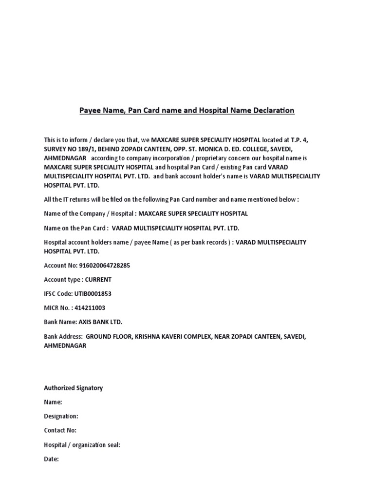 Declaration Form (Pan Card, Payee Name and Hospital Name) | PDF ...