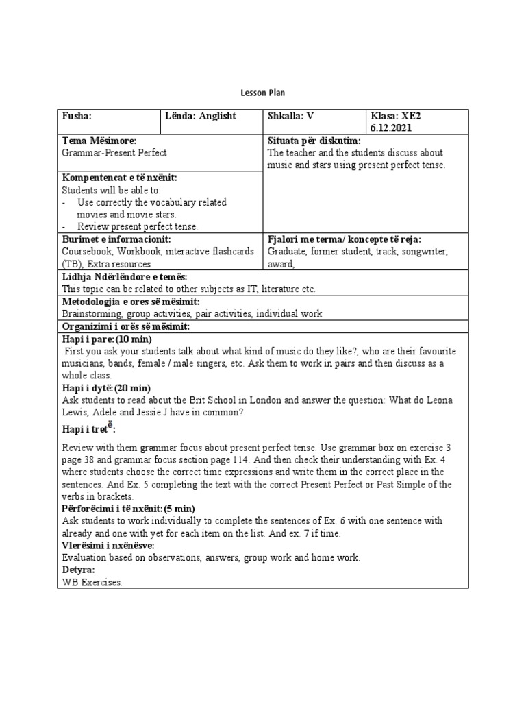 Present Perfect Lesson Plan for Grade 5 | PDF