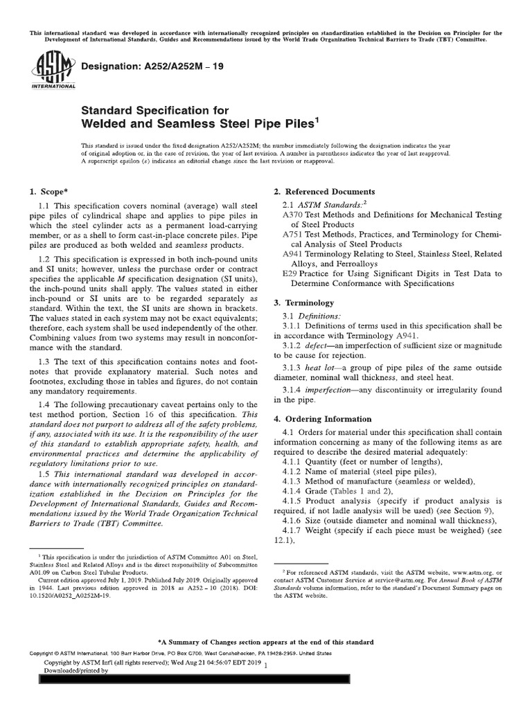 ASTM A252 - 2019 - Free1 | PDF