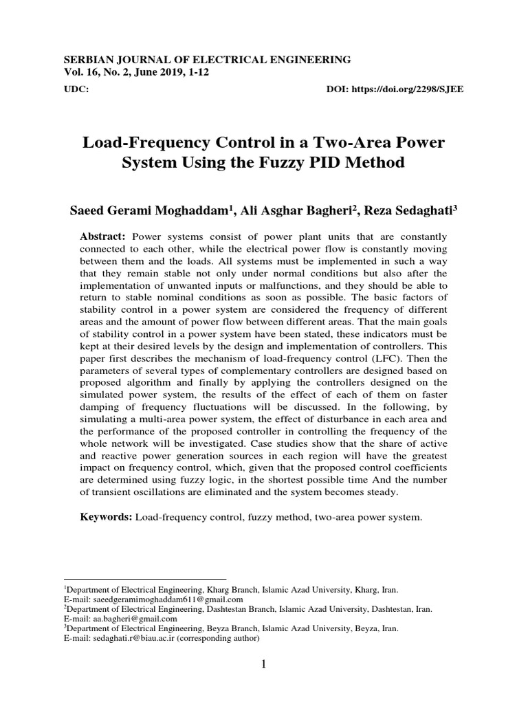 Load-Frequency Control in A Two-Area Power System Using The Fuzzy PID ...