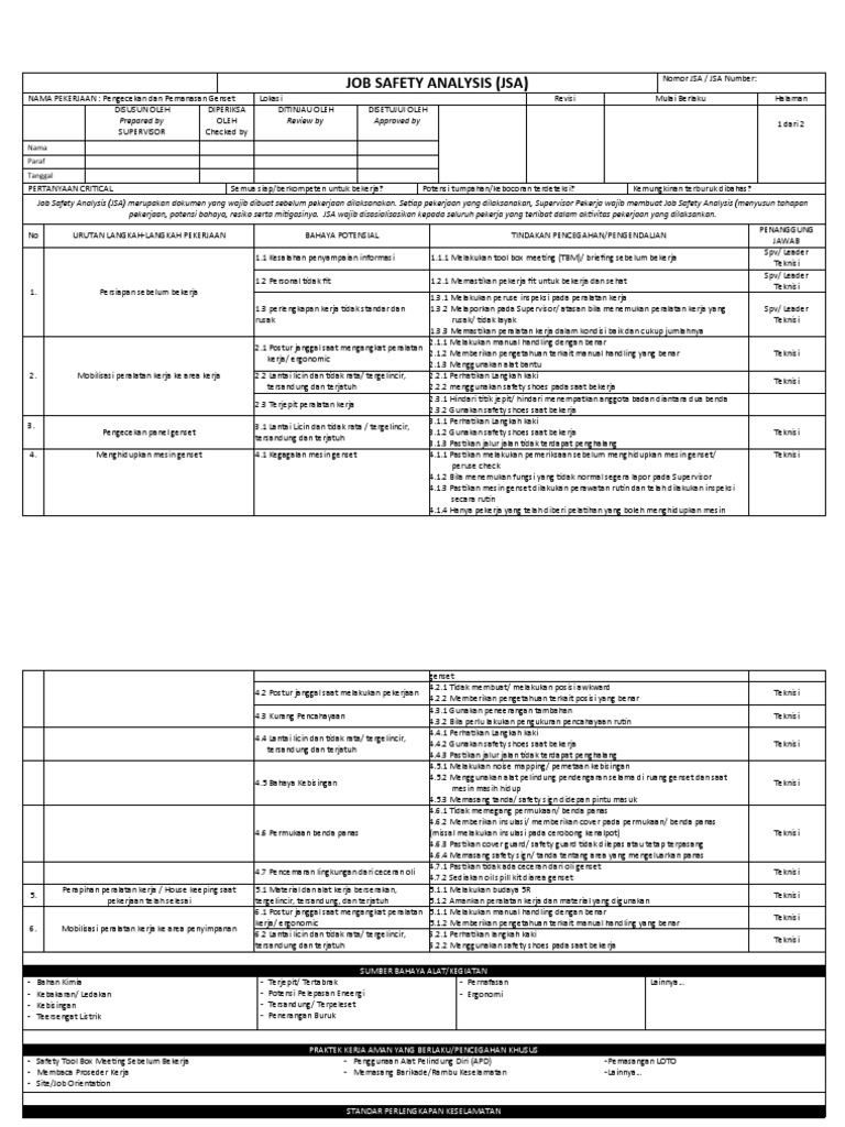 JOB SAFETY ANALYSIS (JSA) Pengecekan Dan Pemanasan Genset | PDF