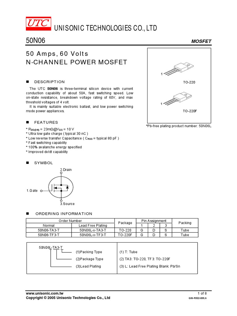 Unisonic Technologies Co., LTD: 50 Amps, 60 Volts N-Channel Power ...