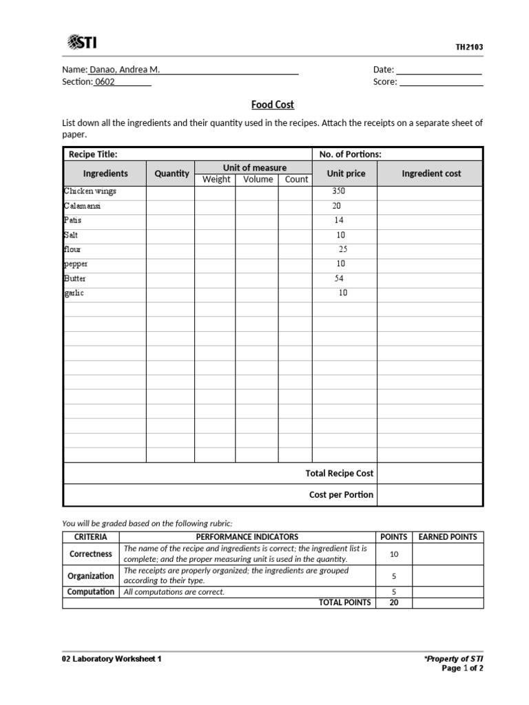 02 Laboratory Worksheet 1 | PDF | Flavor | Garlic