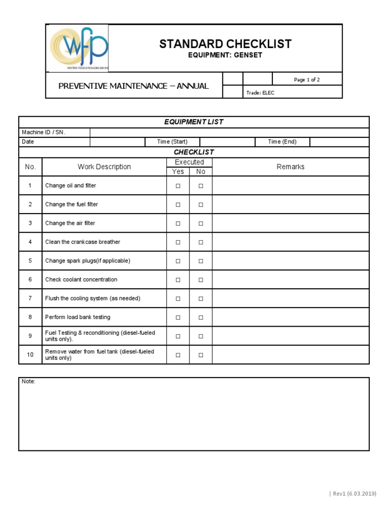 Standard Checklist: Preventive Maintenance - Annual | PDF | Mechanical ...