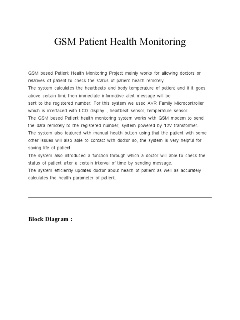 GSM Patient Health Monitoring: Block Diagram | PDF