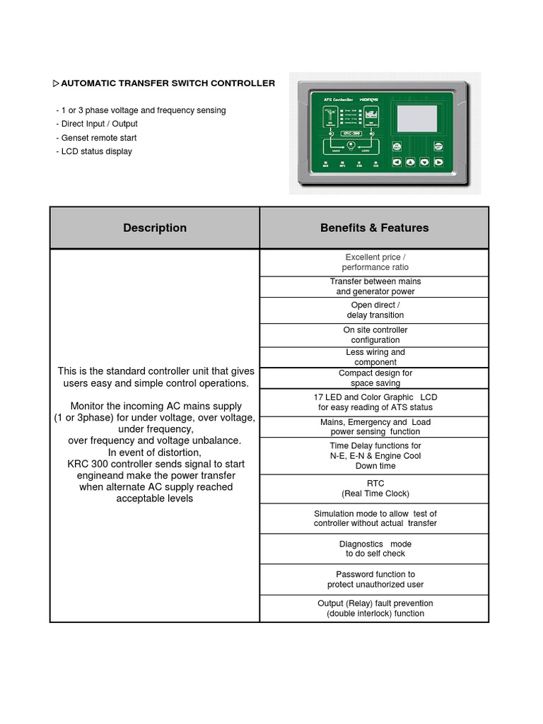 Description Benefits & Features: Automatic Transfer Switch Controller ...