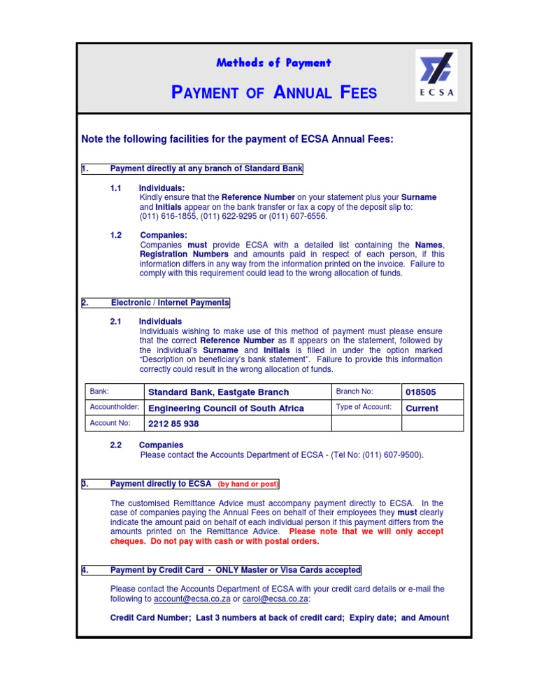 ECSA Annual Fees Payment Methods | PDF