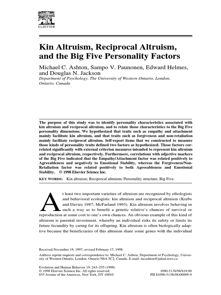 Kin Altruism, Reciprocal Altruism, and The Big Five Personality Factors ...
