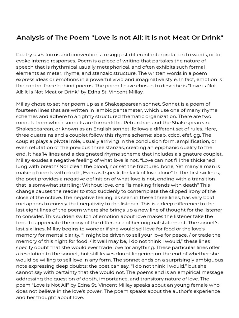 Analysis of The Poem "Love Is Not All - It Is Not Meat or Drink ...