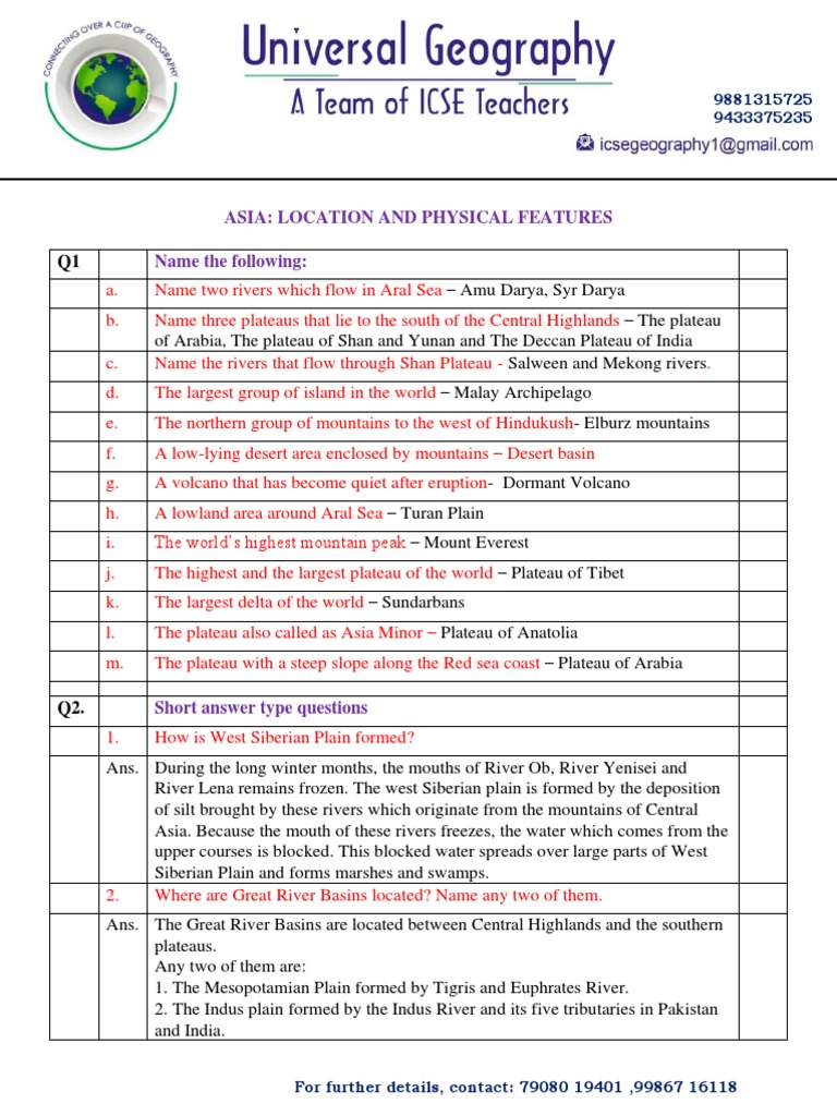 Asia Location And Physical Features Pdf Plateau Mountains