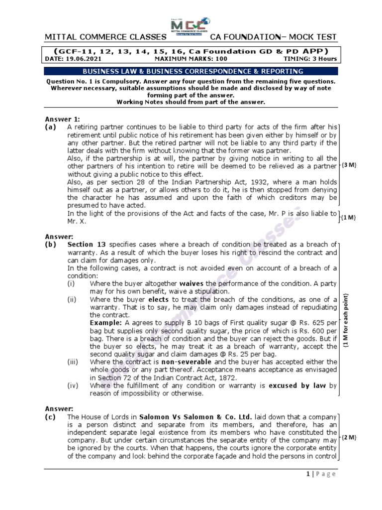 Mittal Commerce Classes Ca Foundation - Mock Test: Business Law ...