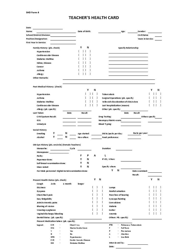 Teacher'S Health Card: SHD Form 4 | PDF | Cardiovascular Diseases ...