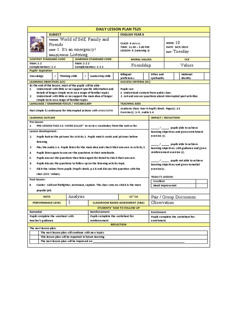 World of Self, Family and Friends 1. It's An Emergency! Listening 10 ...