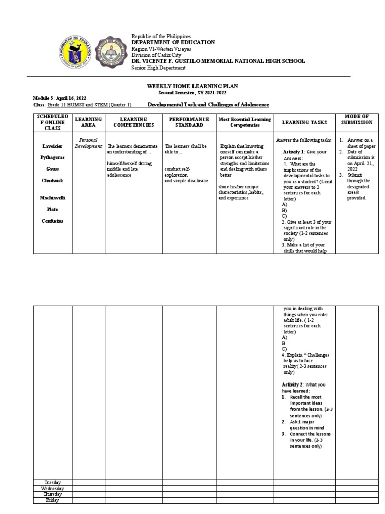 WEEKLY PLAN PerDev WEEK 5 | PDF | Learning | Cognition