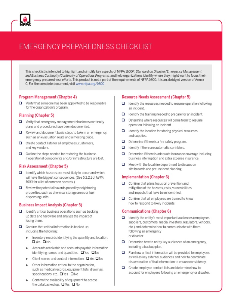 NFPA Emergency Preparedness Checklist | PDF | Emergency Management ...