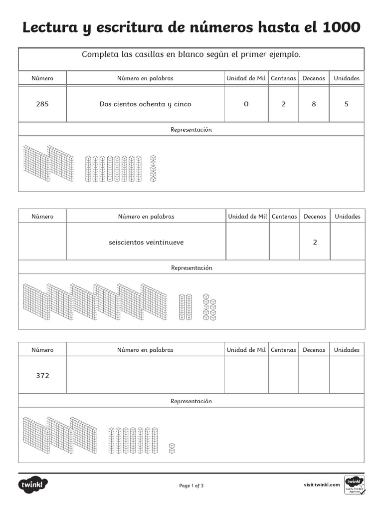 Guia Escritura y Lectura de Numeros Hasta El 1000 | PDF