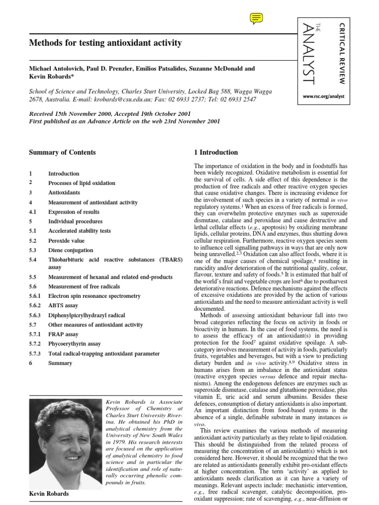 Methods For Testing Antioxidant Activity | PDF | Antioxidant | Radical ...