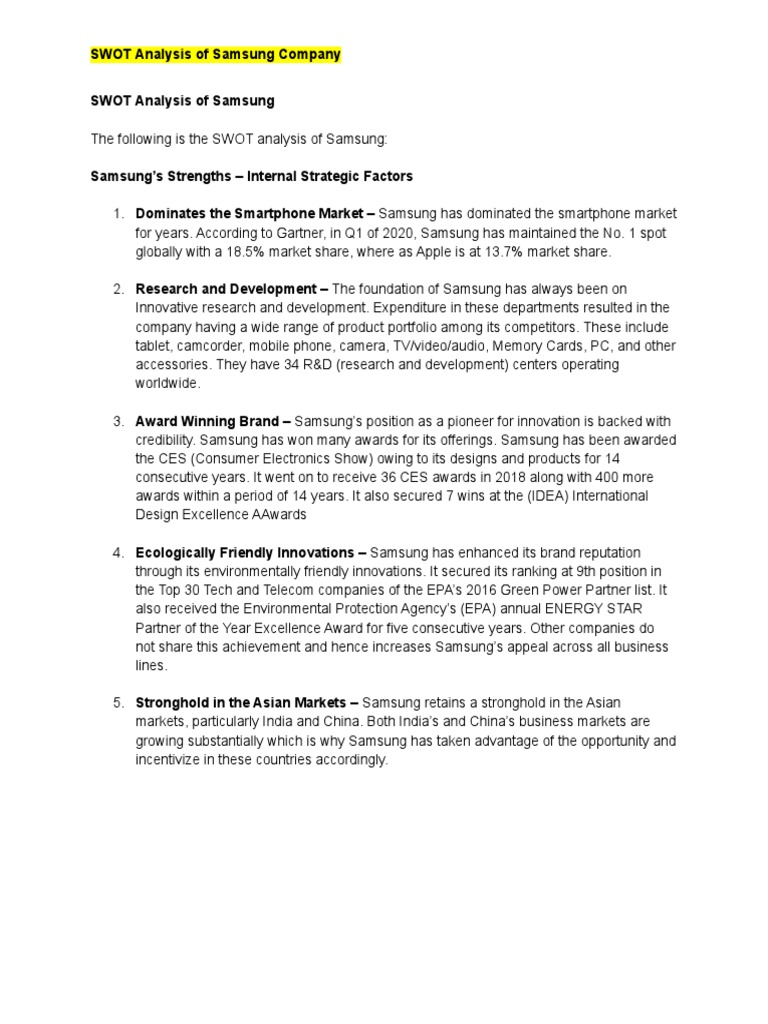 SWOT Analysis of Samsung | PDF | Samsung | Smartphone