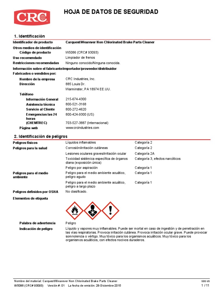 Ficha de Seguridad Brake Parts Cleaner | Descargar gratis PDF ...