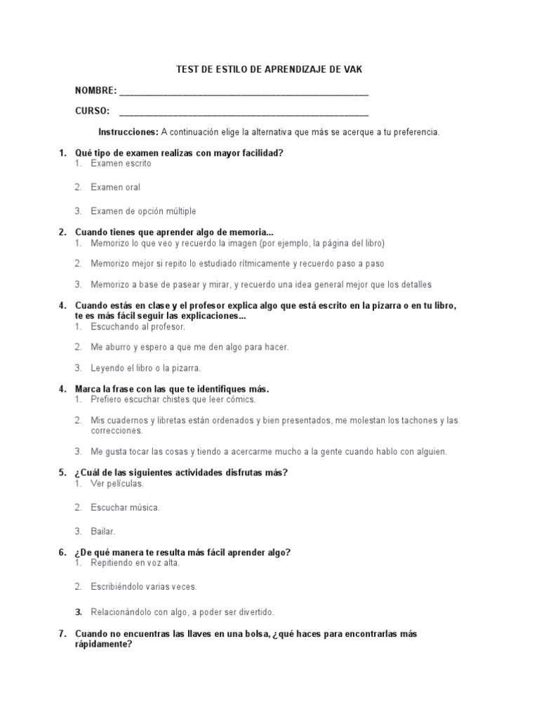 Test de Estilo de Aprendizaje de Vak | PDF