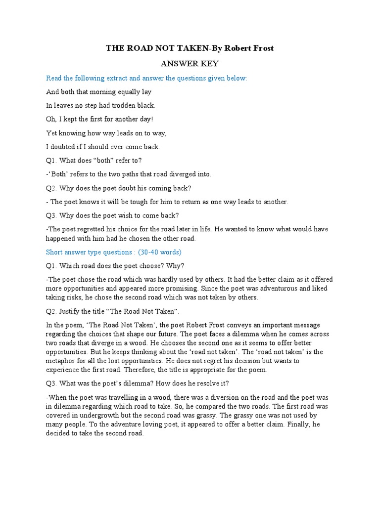 The Road Not Taken-By Robert Frost: Answer Key | PDF