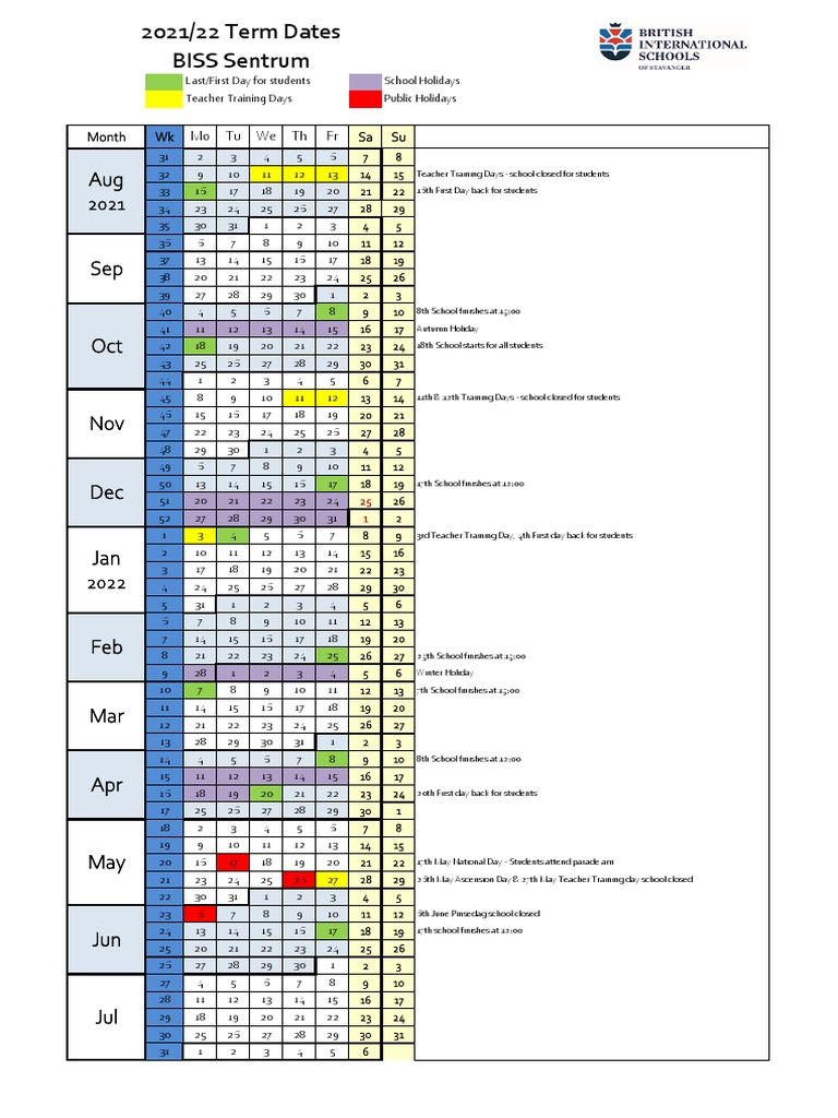 BISS Sentrum School Calendar 2021-22 | PDF