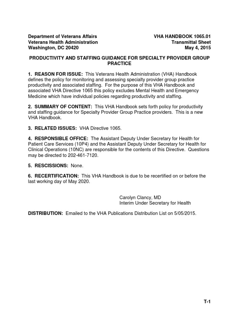 VHA Handbook 1065.01 Productivity and Staffing Guidance For Specialty ...