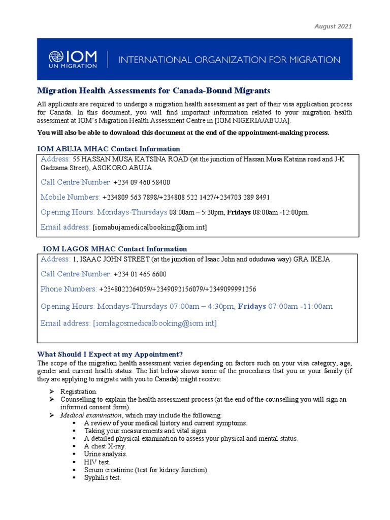 Migration Health Assessments For Canada-Bound Migrants: IOM ABUJA MHAC ...