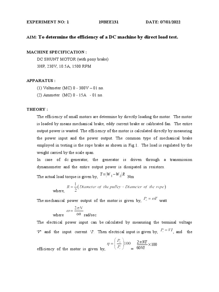 To Determine The Efficiency of A DC Machine by Direct Load Test | PDF ...