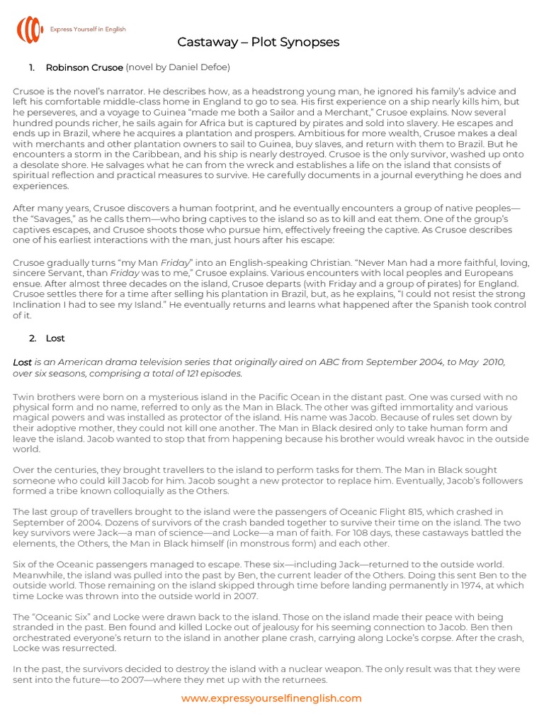 Castaway - Plot Synopses: 1. Robinson Crusoe (Novel by Daniel Defoe) | PDF | Robinson Crusoe