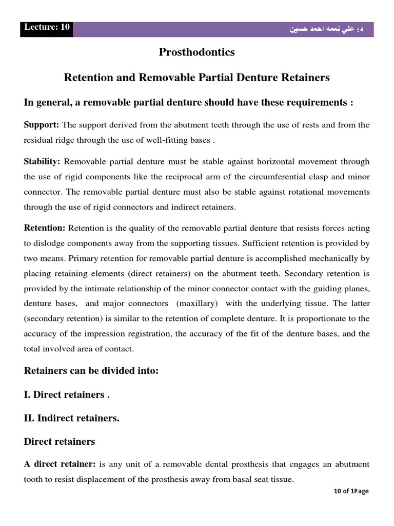 Prosthodontics Retention and Removable Partial Denture Retainers | PDF ...