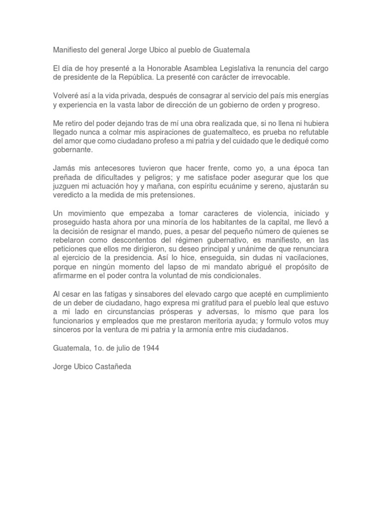 6) Manifiesto Del General Jorge Ubico Al Pueblo de Guatemala | PDF