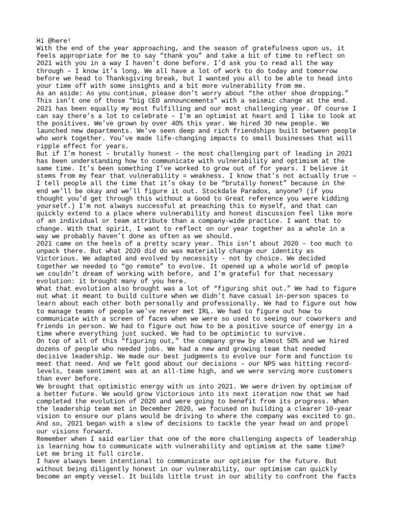 Thanksgiving Message of CEO Micheal | PDF | Optimism | Leadership