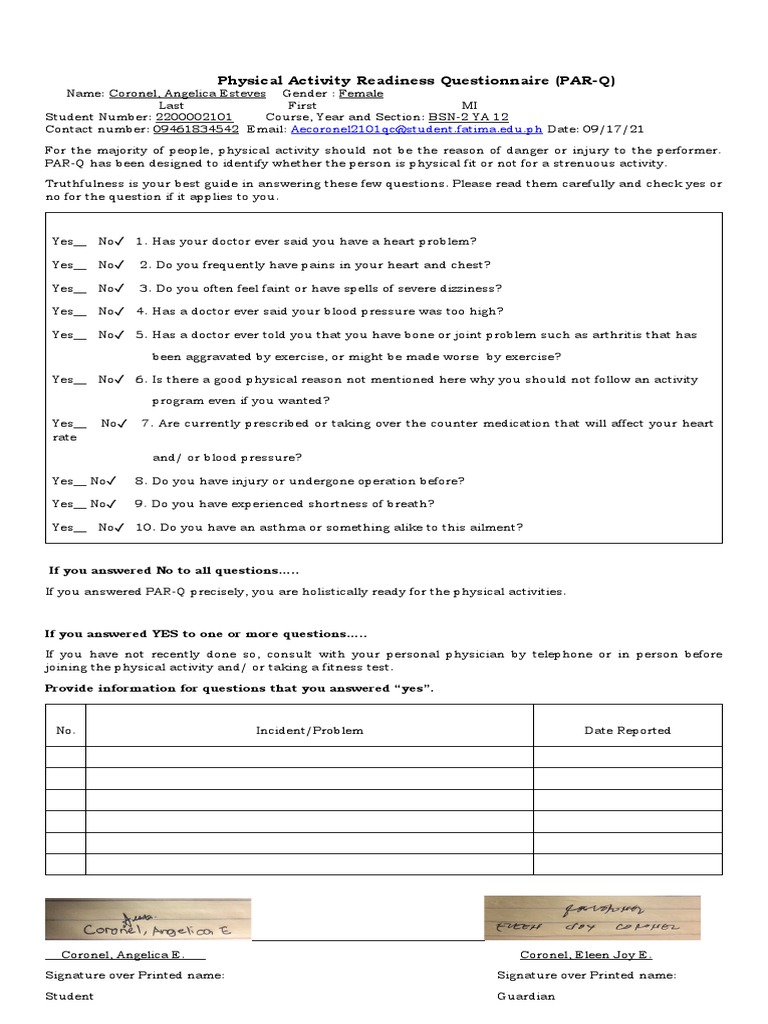 Physical Activity Readiness Questionnaire (PAR-Q) : Aecoronel2101qc ...