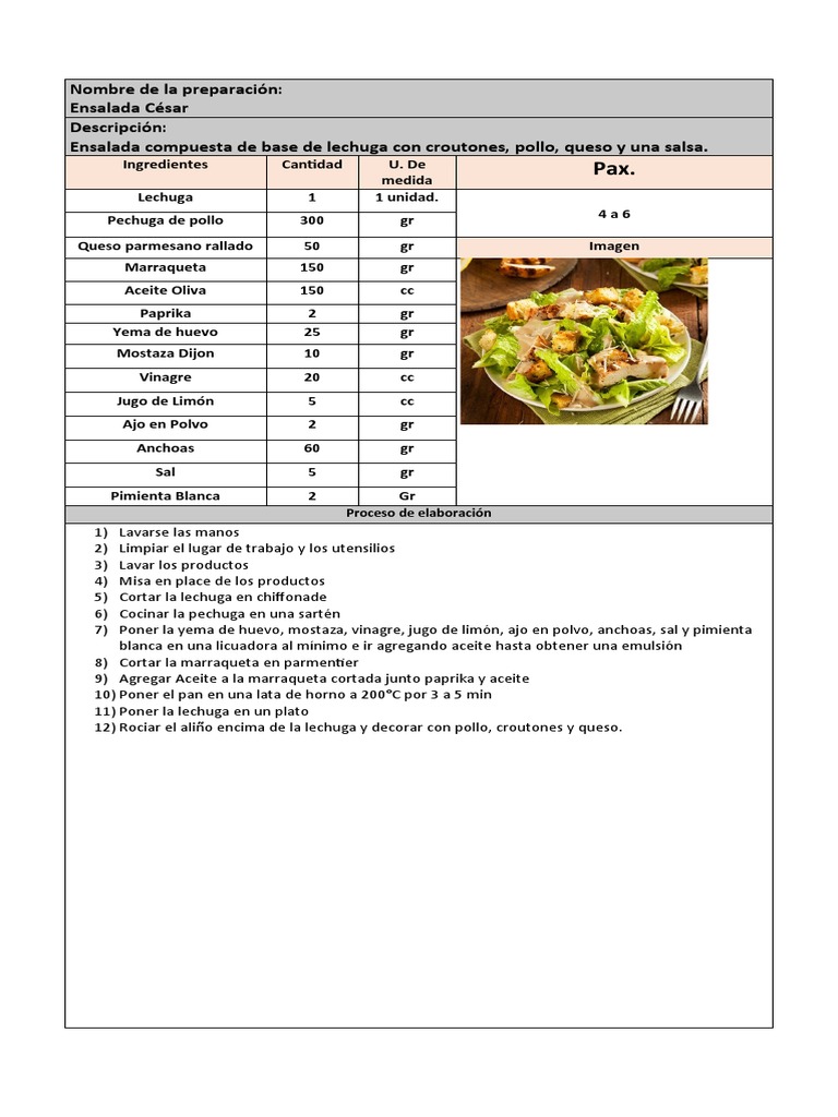 Ficha Tecnica Ensalada César | PDF