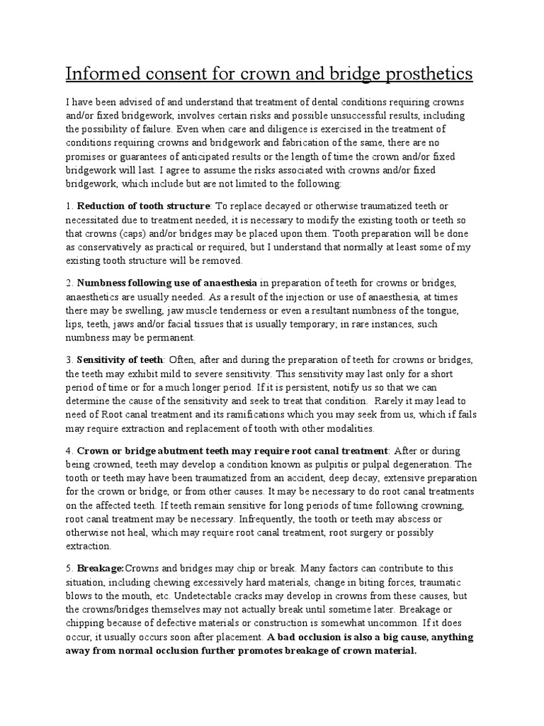 Informed Consent For Crown and Bridge Prosthetics | PDF | Informed ...